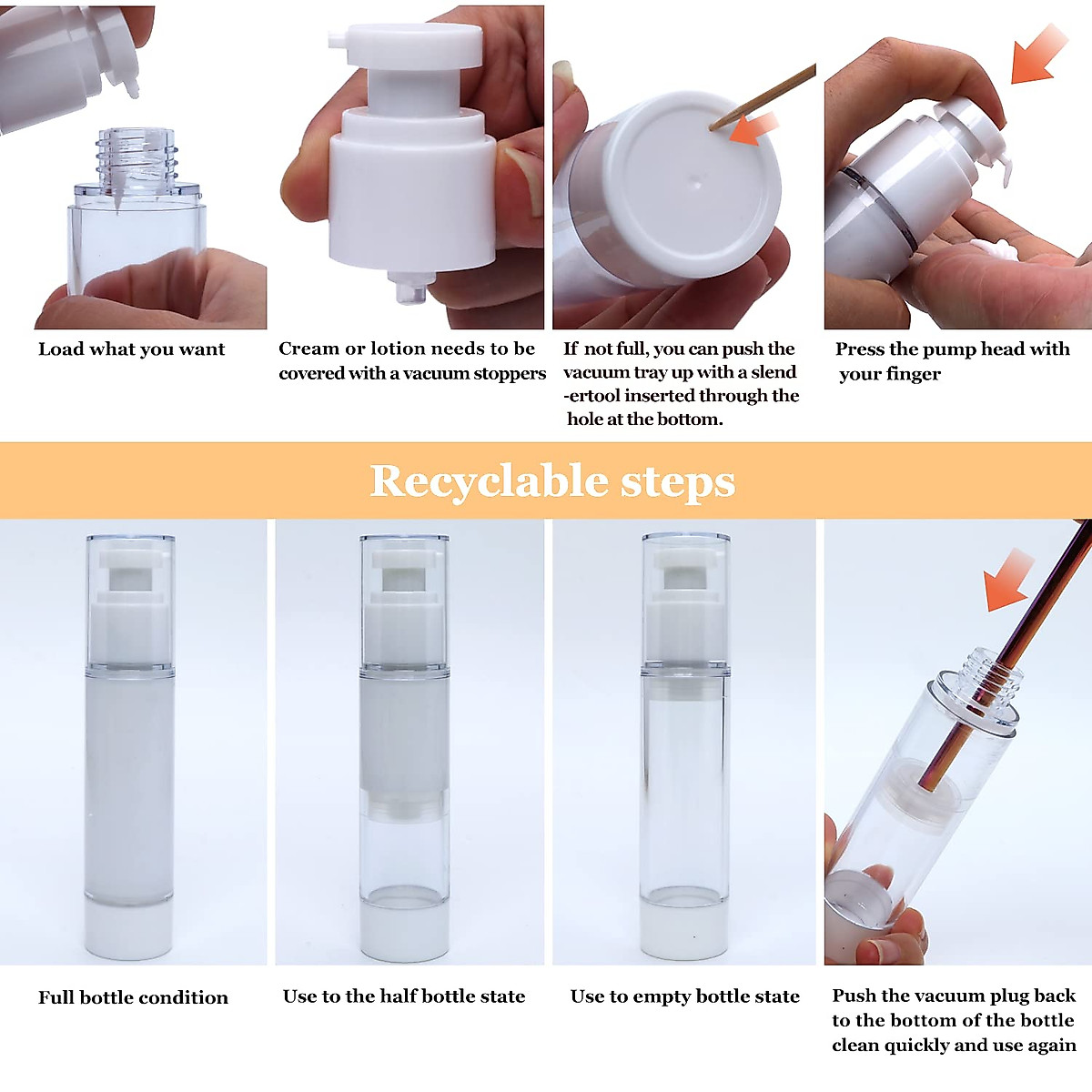 5 Pack Airless Pump Jar set, 1.7 OZ Airless Pump Bottle and Travel Jar for Creams, Vacuum Cosmetics Pump Bottle Dispenser, Travel Container for Creams, Lotion, Cosmetic, Toiletries and Liquid Storage