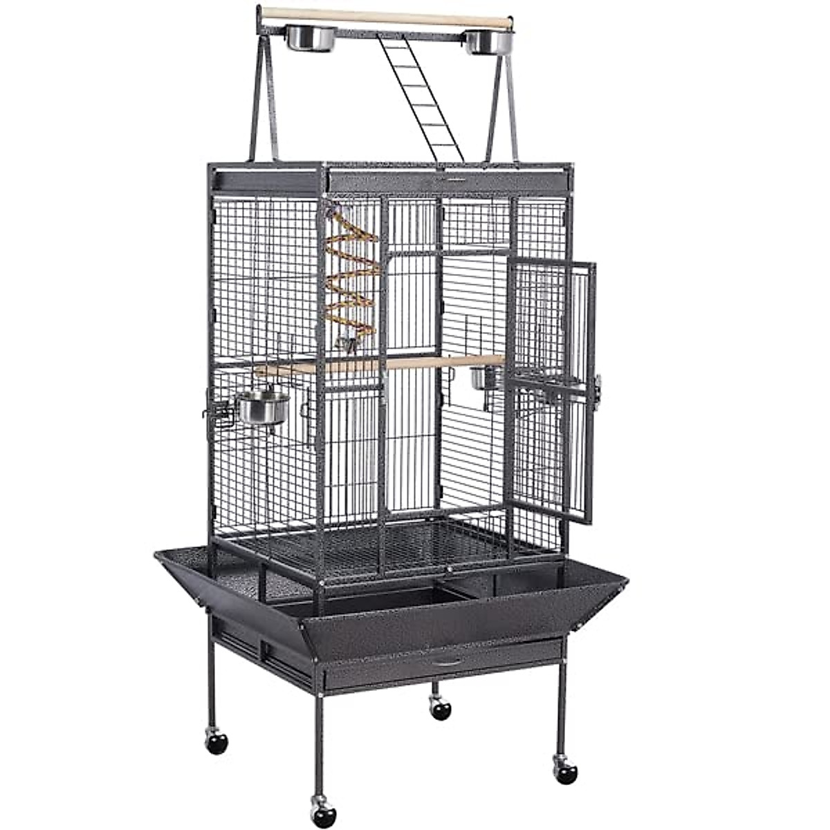 Yaheetech 69-inch Wrought Iron Rolling Large Parrot Bird Cage for African Grey Small Quaker Amazon Parrot Cockatiel Sun Parakeet Green Cheek Conure Dove Lovebird Budgie Play Top Bird Cage with Stand