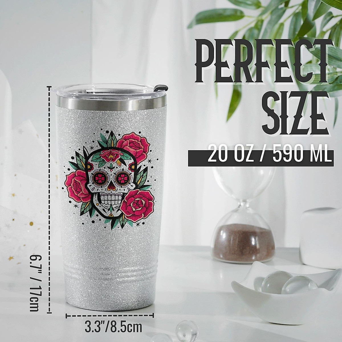 Onebttl Sugar Skull Gifts for Women, Day of the Dead, 20 oz Travel Tumbler with Lid, Brush, and Straw, Mexican Gifts, Silver Glitter