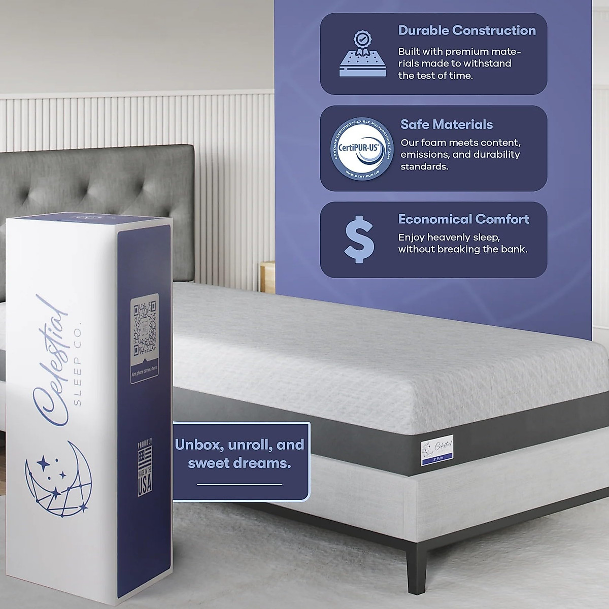 Celestial Sleep Gel Memory Foam Mattress in a Box, Made in The USA, CertiPUR-US Bed, 8 inch Firm - Queen