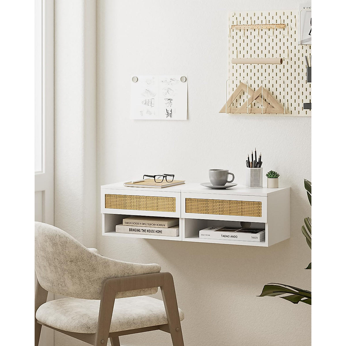 Floating Nightstand, Small Modern Floating Nightstand with Drawer, Floating Shelves for Bedroom, Bathroom (White Rattan)