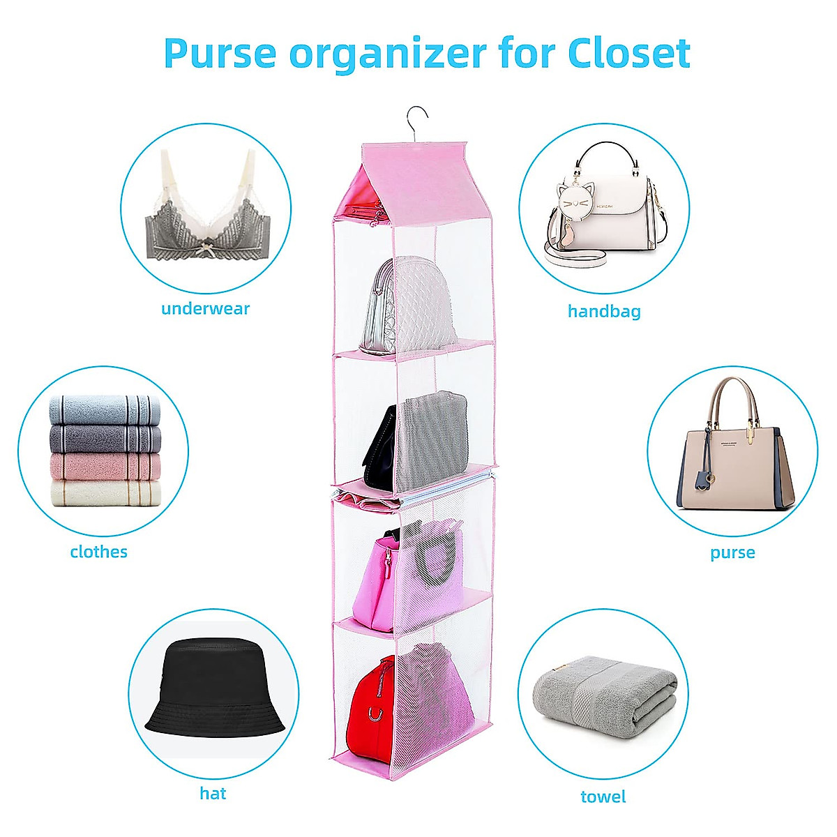 KEEPJOY Closet Purse Organizer, Hanging Handbag Organizer with 4 Heavy-Duty Mesh Shelves Closet Purse Storage Bag (Pink)