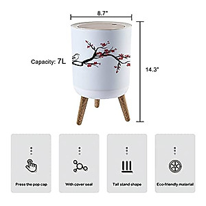 Small Trash Can with Lid Bird on Cherry Blossoms Branches Ink Oriental Style Painting 7 Liter Round Garbage Can Elasticity Press Cover Lid Wastebasket for Kitchen Bathroom Office 1.8 Gallon