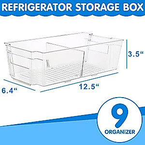 HERKKA Plastic Storage Organizer Container Bin with Dividers for Bathroom, Pantry, Kitchen Cabinet, Fridge, Office and Home Organization - 9 pack - 12.5 inch - Clear