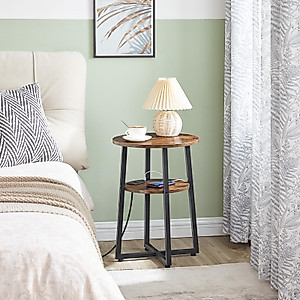 HOOBRO Round Side Table with Charging Station, 2-Tier Round End Table with Sturdy X-Shaped Metal Frame, 21.7" H Round Nightstand, for Living Room, Bedroom, Balcony, Office, Rustic Brown BF100UBZ01