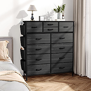 YaFiti Dresser for Bedroom with 12 Drawers, Chest of Drawers with Side Pockets and Hooks, Fabric Dresser Drawers for Living Room, Hallway, Entryway (Black Wood Grain)