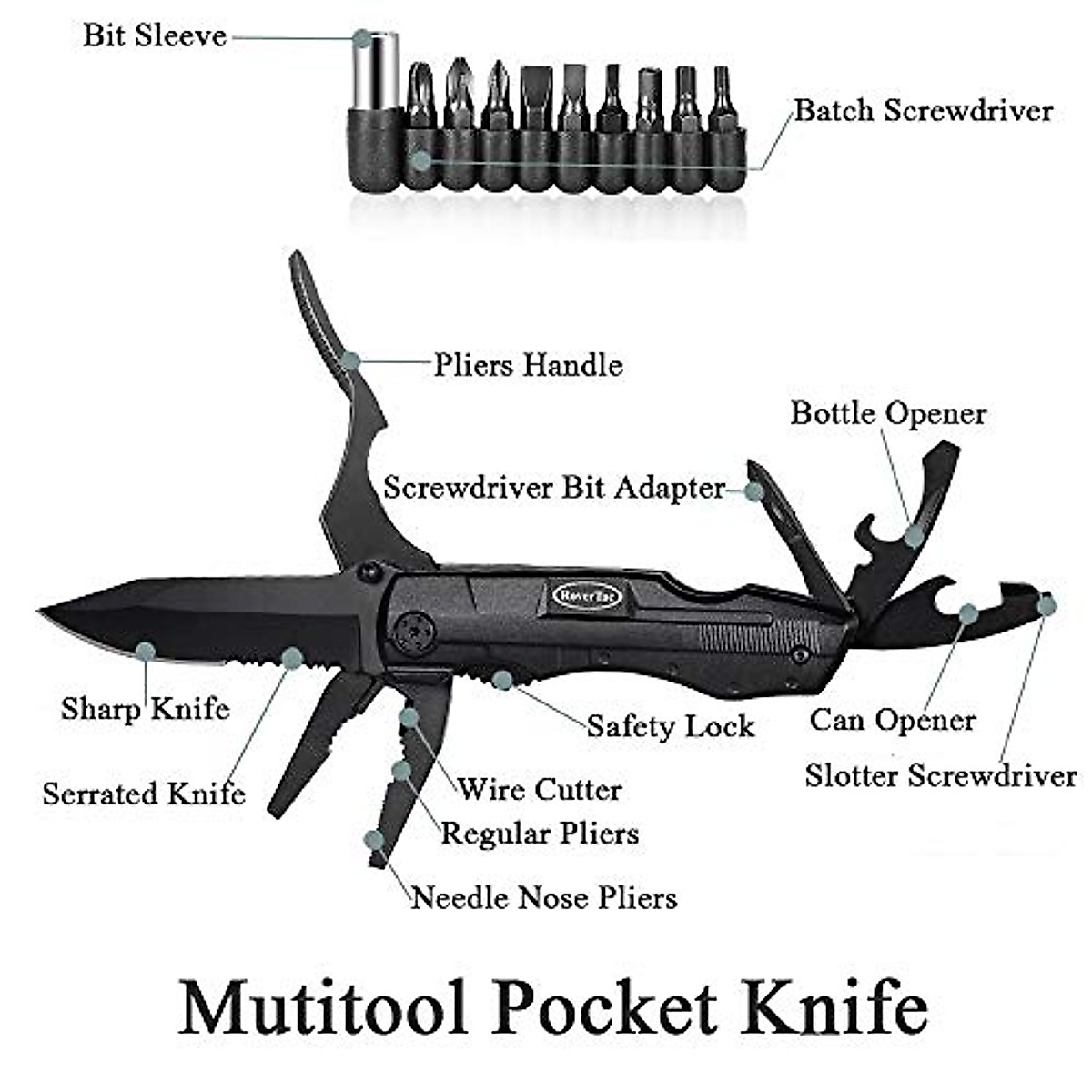 RoverTac Pocket Knife Tactical Folding Multi Tool Knife with Pliers Bottle & Can Opener 9-Pack Screwdrivers Liner Lock Nylon Sheath Perfect for Camping Survival Hiking