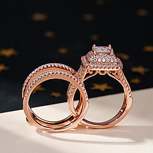 Jeulia 3 PC Enhancer Ring Set for Women 925 Sterling Silver Princess Cut Diamond Engagement Rings Cubic Zirconia Halo Solitaire Wedding Rings Anniversary Promise Rings for Her with Jewelry Box (Rose Gold, 6.5)