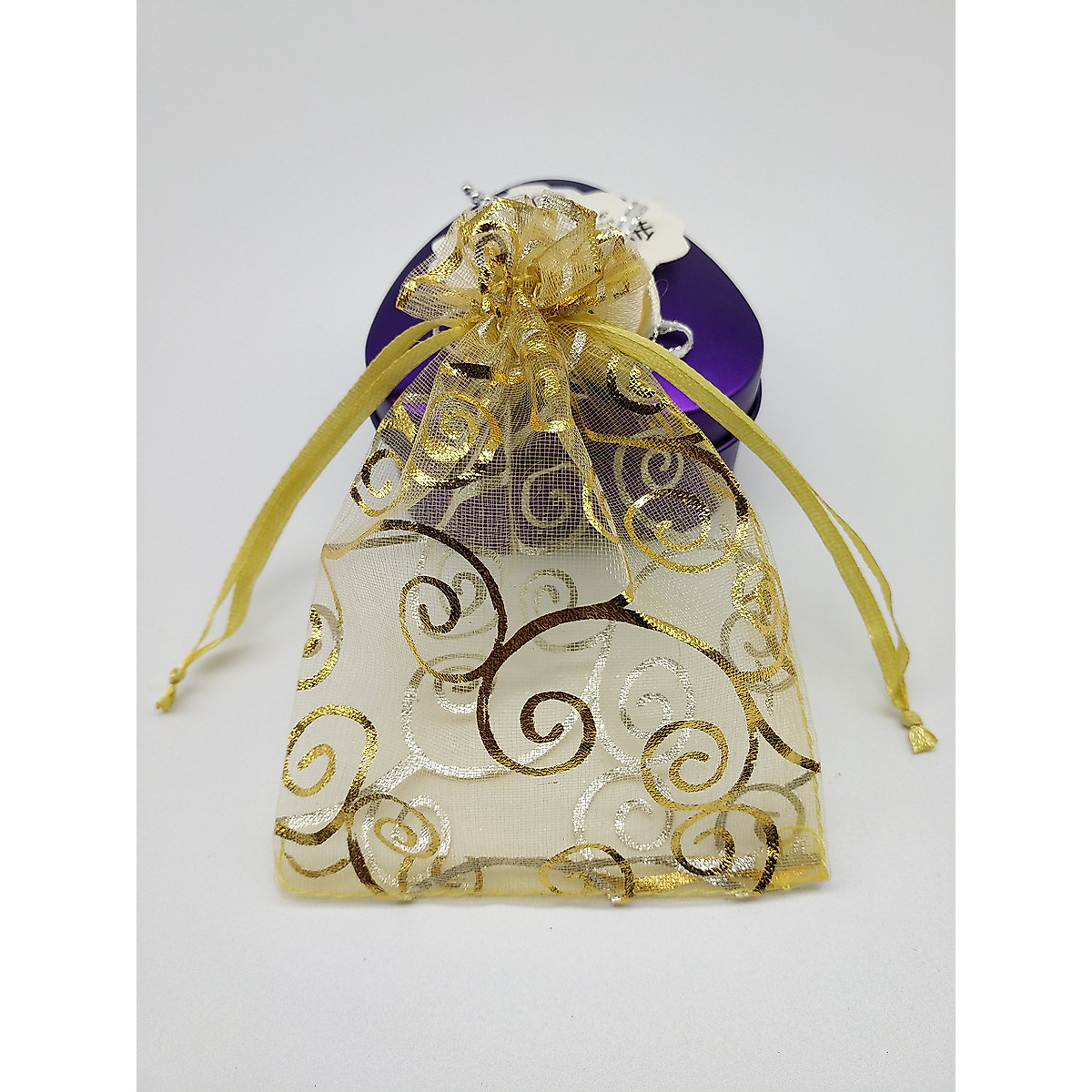 Ankirol 100pcs Sheer Organza Favor Bags For Wedding Baby Shower Rattan Print Gift Bags Samples Display Drawstring Pouches (3x4 inch, gold)