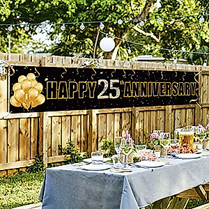 Yoaokiy Happy 25th Anniversary Banner Decorations Supplies, Large 25 Year Wedding Anniversary Party Sign, Black Gold 25 Years Anniversary Backdrop Photo Props for Outdoor Indoor(9.8x1.6ft)