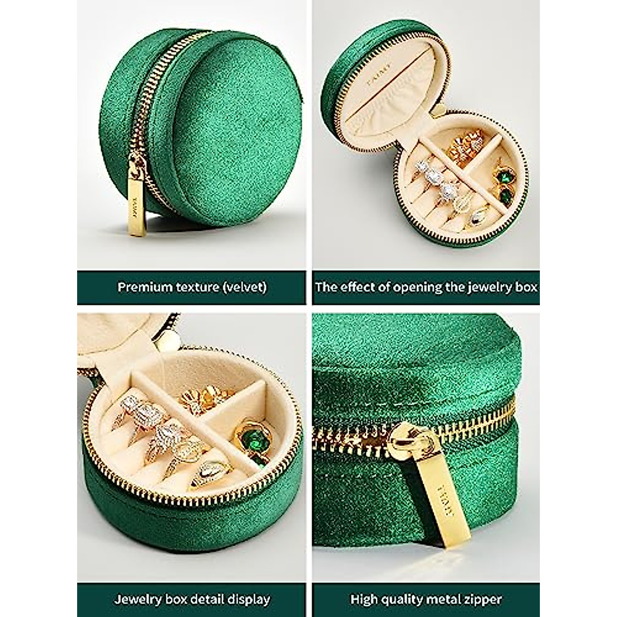 TAIMY Velvet Travel Jewelry Box, Round Small Travel Jewelry Case for Women Girls, Portable Mini Jewelry Travel Organizer Boxes for Rings Earrings Necklaces Bracelets(Dark Emerald)