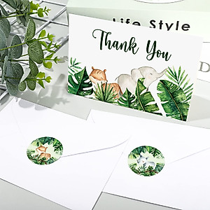 AnyDesign Woodland Thank You Cards with Envelopes Stickers Safari Jungle 30 Pack Watercolor Forest Animals Greenery Greeting Note Cards for Kids Girls Boy Children Birthday Baby Shower Party Supplies