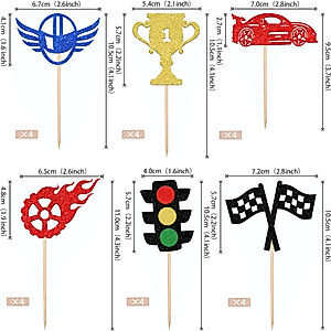 24 PCS Race Car Cupcake Toppers Glitter Traffic Light Wheel Trophy Flag Helmet Racing Car Cupcake Picks for Let's Go Racing Sports Theme Baby Shower Boys Birthday Party Cake Decorations Supplies