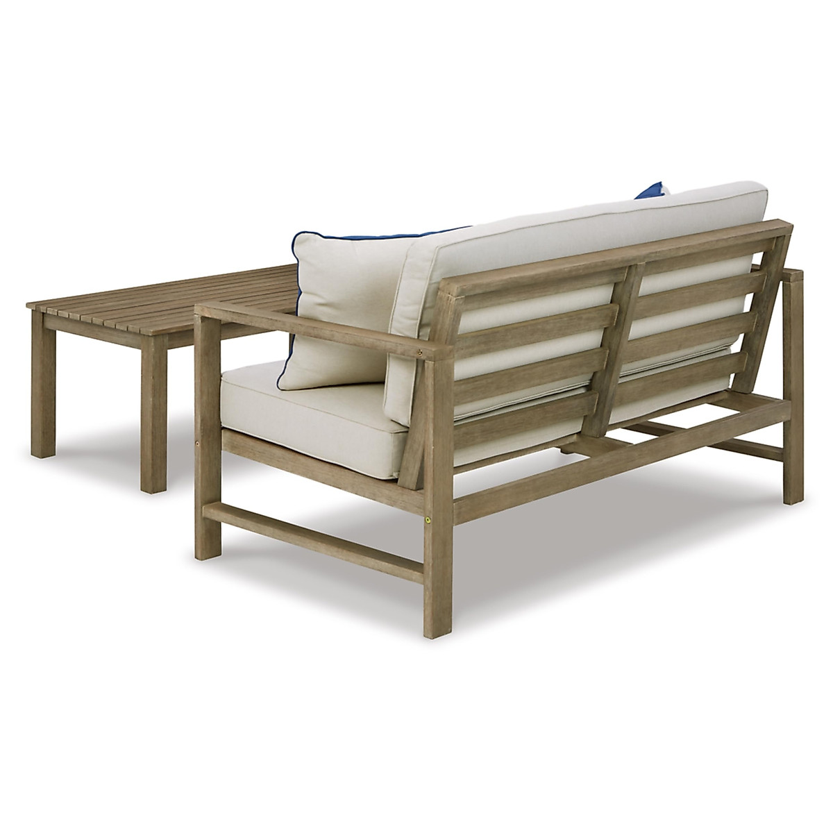 Signature Design by Ashley Outdoor Fynnegan Patio Eucalyptus Loveseat & Coffee Table, Beige with Blue Pillows