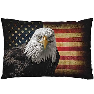 EKOBLA Throw Pillow Cover American Bald Eagle On Grunge Flag USA Flag Patriotic Stripe Star Decor Lumbar Pillow Case Cushion for Sofa Couch Bed Standard Queen Size 20x30 Inch