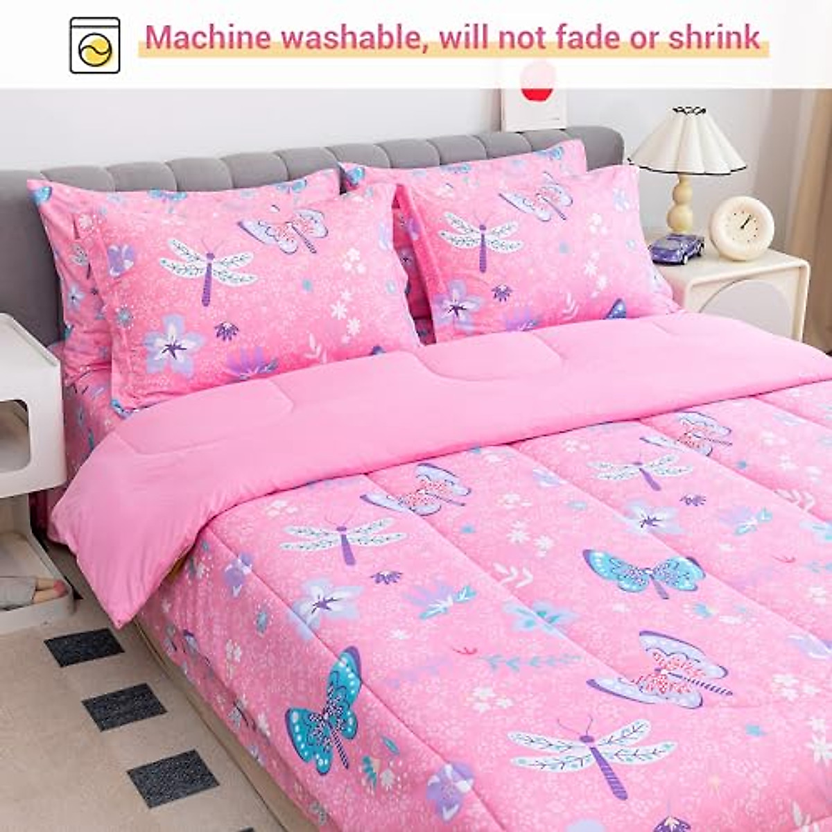 Viviland Full Butterfly Comforter Set for Girls, Kids Pink Brushed Microfiber Full Bedding Set, 7 Pieces Floral Bed in A Bag, Girls Comforters with Sheet Set, Shams, Machine Washable