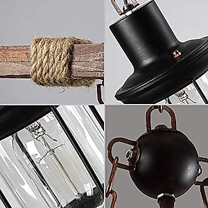 8 Lights Industrial Wooden Hanging Lighting Black Metal Chandelier Farmhouse Vintage Pendant Lamp Glass Lampshade for Pool Table Kitchen Island Bar Retro Ceiling Light Height Adjustable Fixture