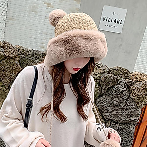 Winter Pompom Beanie Hats for Women Fluffy Knit Womens Beanie Faux Fur Crochet Skull Cap Warm Bucket Outdoor Ear Cover Khaki
