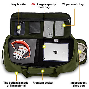Lyweem Travel Duffel Bag for Men Duffle Bag Large Size for Women Weekender Overnight with Shoes Compartment Multifunctional Gym Bags 60L, Green