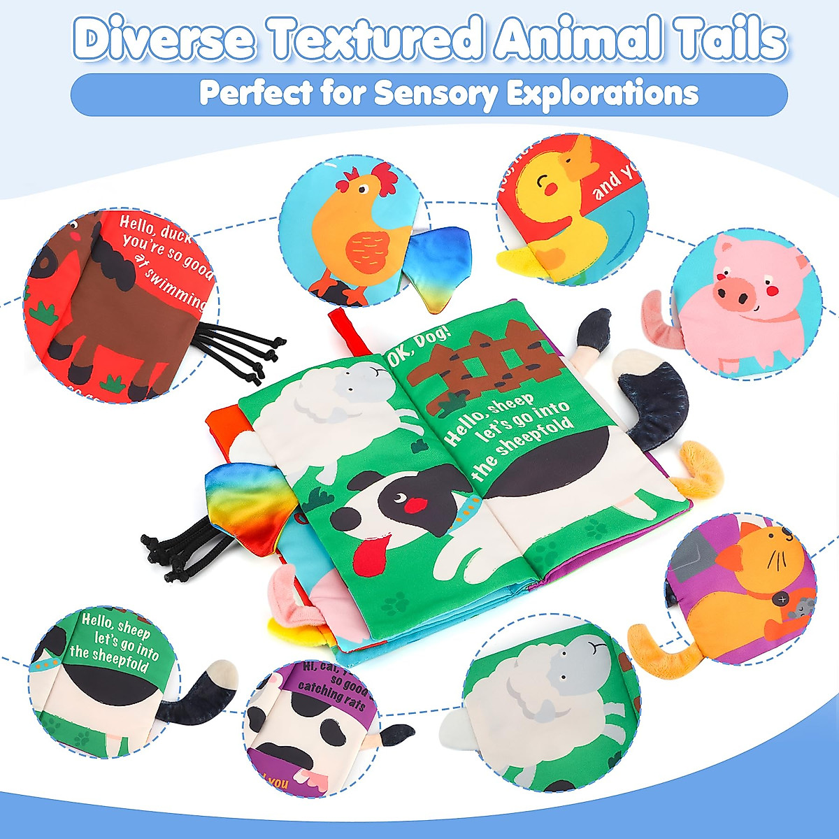 beiens Baby Books Toys, Touch and Feel Crinkle Cloth Books for Babies, Infants & Toddler, Early Development Interactive Car & Stroller Soft Toys for Boys & Girls (Farm Tails-1 Book)