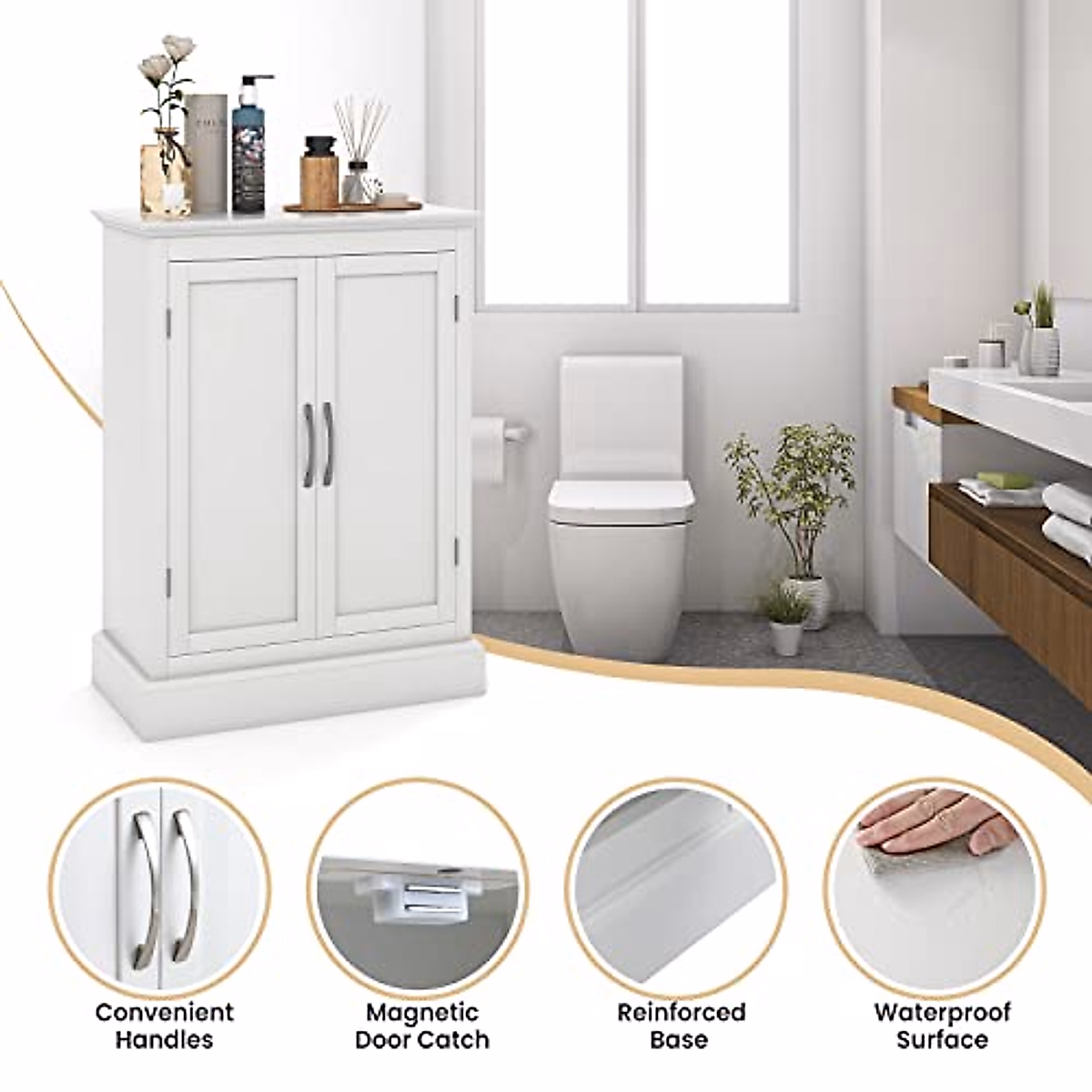 Tangkula Bathroom Storage Cabinet, Freestanding Floor Cabinet with Double Doors and 2 Adjustable Shelves, Anti-toppling Device, Modern Wood Storage for Bathroom Living Room Entryway (White)