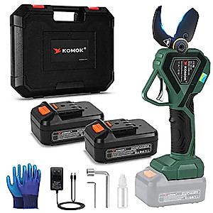 KOMOK Electric Pruning Shears, Professional Cordless Electric Pruners Battery Powered Tree Branch Cutter with 2 Rechargeable 2 Ah Lithium Batteries, 1.65" (42mm) Cutting Diameter 8-10 Working Hours