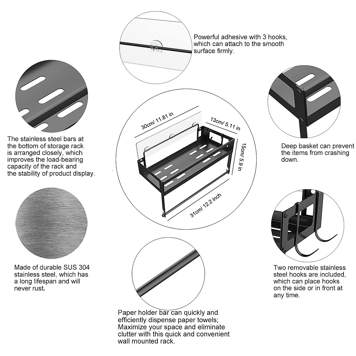ESOW Paper Towel Holder Wall Mounted for Kitchen 13 in, Paper Towel Roll Rack with Storage Shelf Space, Both Available in Adhesive and Screws, SUS304 Stainless Steel (Matte Black)