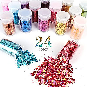 Chunky and Fine Glitter Mix, Estanoite 24 Colors Sequins & Fine Glitter Powder Mix, Holographic Glitter Flakes, Cosmetic Face Body Eye Hair Nail Art Resin Tumbler Iridescent Glitter Loose Glitter