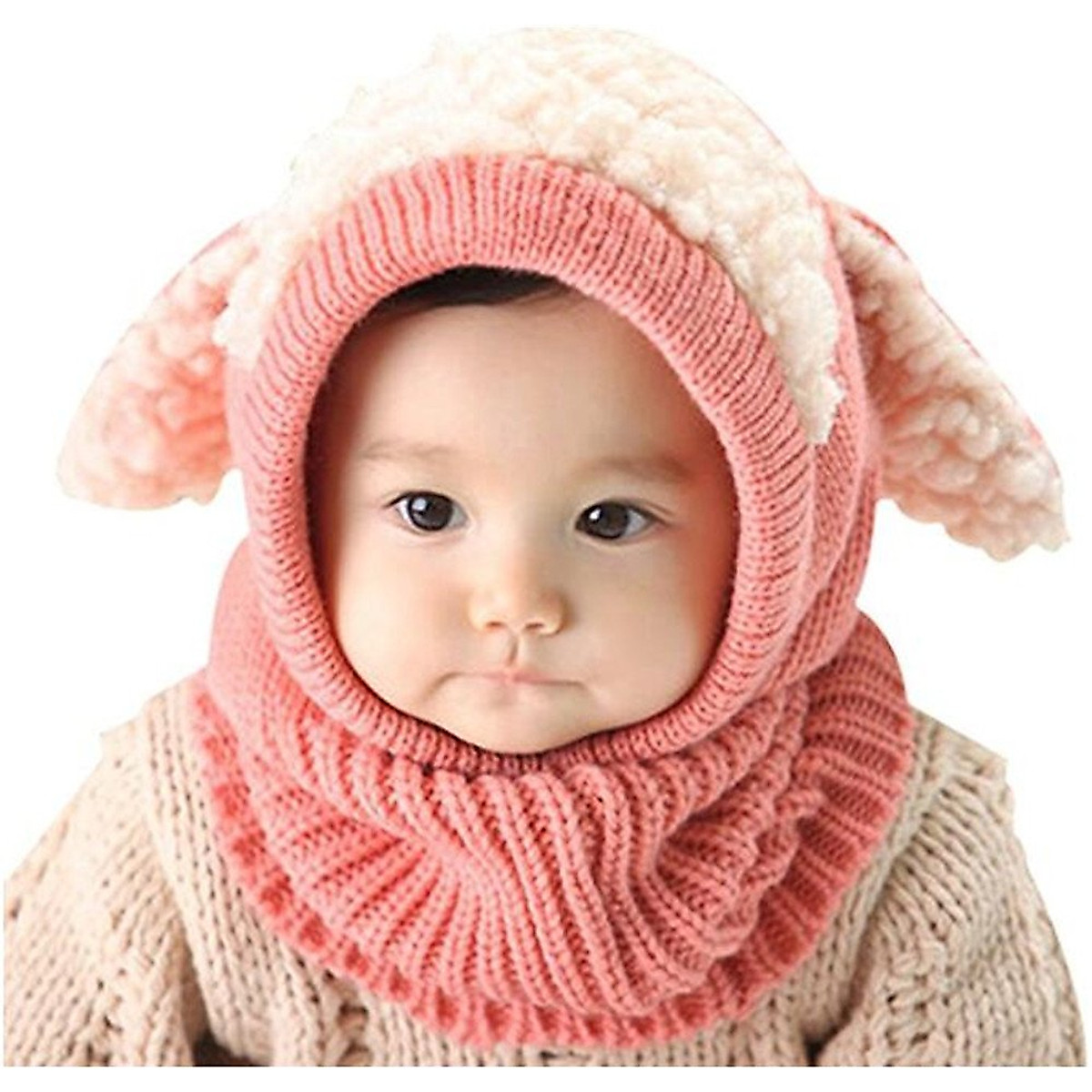 Baby Girls Boys Winter Hat Scarf Earflap Hood Scarves Caps (Pink)