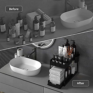 LPONJAR Adjustable Height Under Sink Organizers and Storage Bathroom Kitchen with 8 Hooks and 2 Hanging Cup, 2 Black