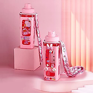 NEWSTYP Kawaii Bear Pastel Water Bottle With 3D Sticker 700ml Plastic Travel Tea Juice Milk Portable Cute Shaker Drink Bottle Gift (Pink)