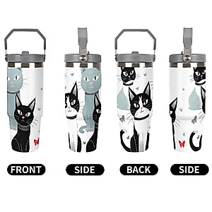 30oz Stainless Steel Insulated Tumbler with Flip Lid & Straw, Leakproof Travel Mug for Car, Black And White Cats Double Wall Vacuum Thermal Coffee Cup with Handle, Spill-Proof Design for Hot/Cold Drin