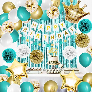 Iysoll Teal Blue and Gold Birthday Party Decorations Happy Birthday Banner Turquoise Aqua Teal Balloons Foil Fringe Curtain Tissue Pom Poms for Women Girls men boys