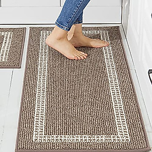 COSY HOMEER Kitchen Floor Mats[2 PCS] for in Front of Sink Super Absorbent Kitchen Rugs and Mats 48x20 Inch/30X20 Inch Non-Skid Kitchen Mat Standing Mat Washable,Polypropylene,Brown