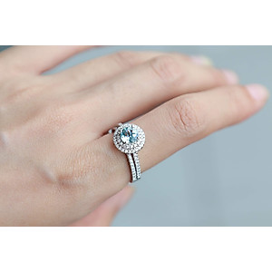 Gin & Grace 14K White Gold Blue Natural Diamond & Genuine Aquamarine Halo Style Engagement Propose Promise Ring for Women
