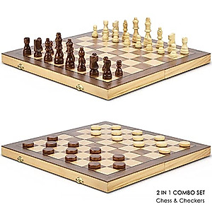 AMEROUS 15'' Magnetic Wooden Chess & Checkers Game Set -2 Extra Queens -24 Cherkers Pieces - Chessmen Storage Slots, Beginner Chess Set for Kids and Adults, Classic 2 in 1 Board Games