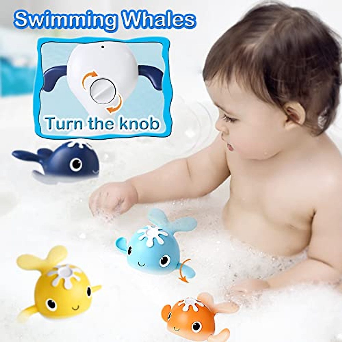 LOYUEGIYO Baby Bath Toys,Magnet Fishing Game Bath Baby Toy for 1-3 4-8 Year Old Toddler Boys Girls,Toys Gifts for Kid,Baby Bathtub Toys 18 Months+,4 Wind-up Whale Water Shower Toy&1 Fishing Pole&1 Net