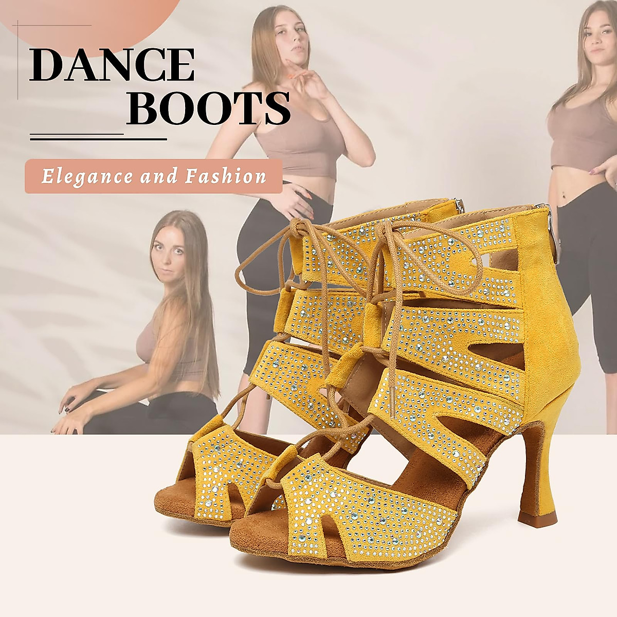 RUYBOZRY Women's Ballroom Latin Salsa Dance Shoes Lace-Up Open-Toe Dance Boots Dance Heels Booties,YCL570-Yellow-6,US 9