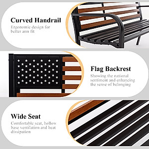 Attliahome 50" Outdoor Garden Bench, Cast Iron Metal Frame Patio and Porch Welcome Benches with American Flag Backrest and Weatherproof Seat, Park Decorative Memorial Bench (Black & Woodgrain Colors)