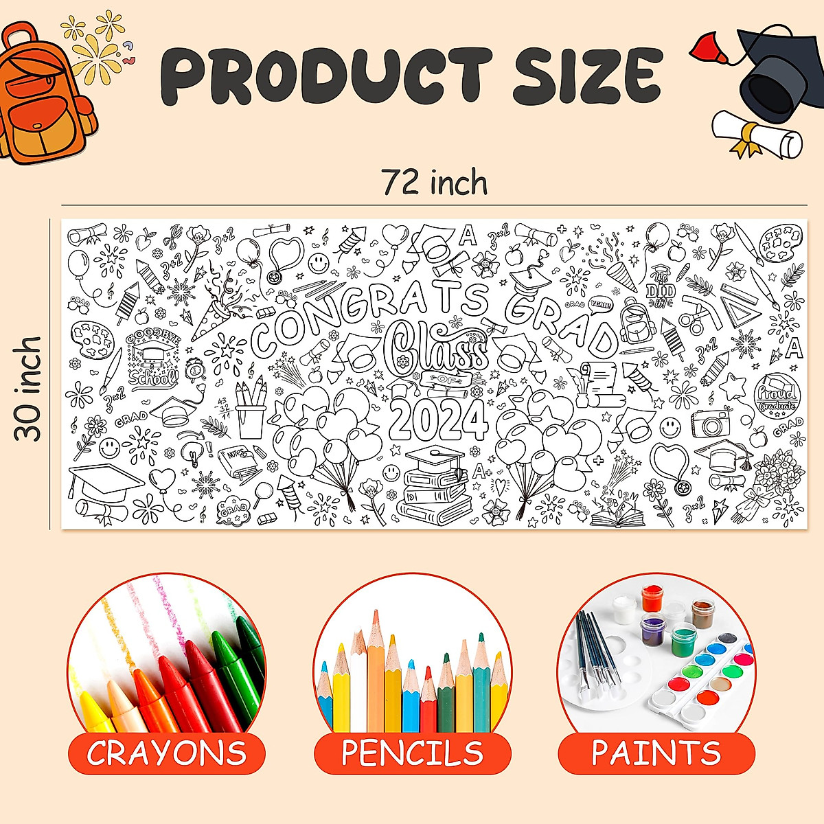 OHOME Graduation Giant Coloring Poster/Tablecloth - Kindergarten Graduation Gifts - 30 x 72 Inches Jumbo Coloring Banner Kids Crafts Games,Kindergarten Graduation Decorations for 5th Grade Preschool