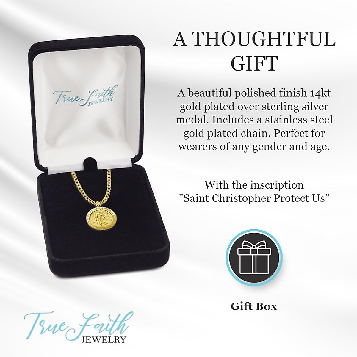 TrueFaithJewelry 14K Gold-Plated Sterling Silver Saint Christopher Medal Patron Saint Pendant Necklace Religious Jewelry, 3/4 Inch