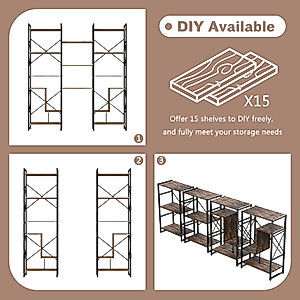 KIDSU Large Bookshelf,Industrial Bookacse with 15 Open Display Shelves,Triple Wide 5 Tier Wood and Metal Bookshelf,Modern Grey Bookshelve for Living Room,Office,Bedroom (Rustic Brown)