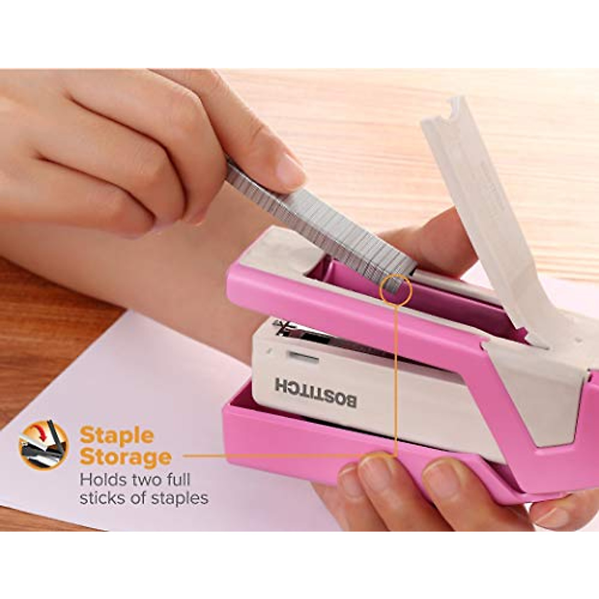 Bostitch Office InCourage Spring-Powered Compact Stapler, BCA Pink (1588), plastic-half strip