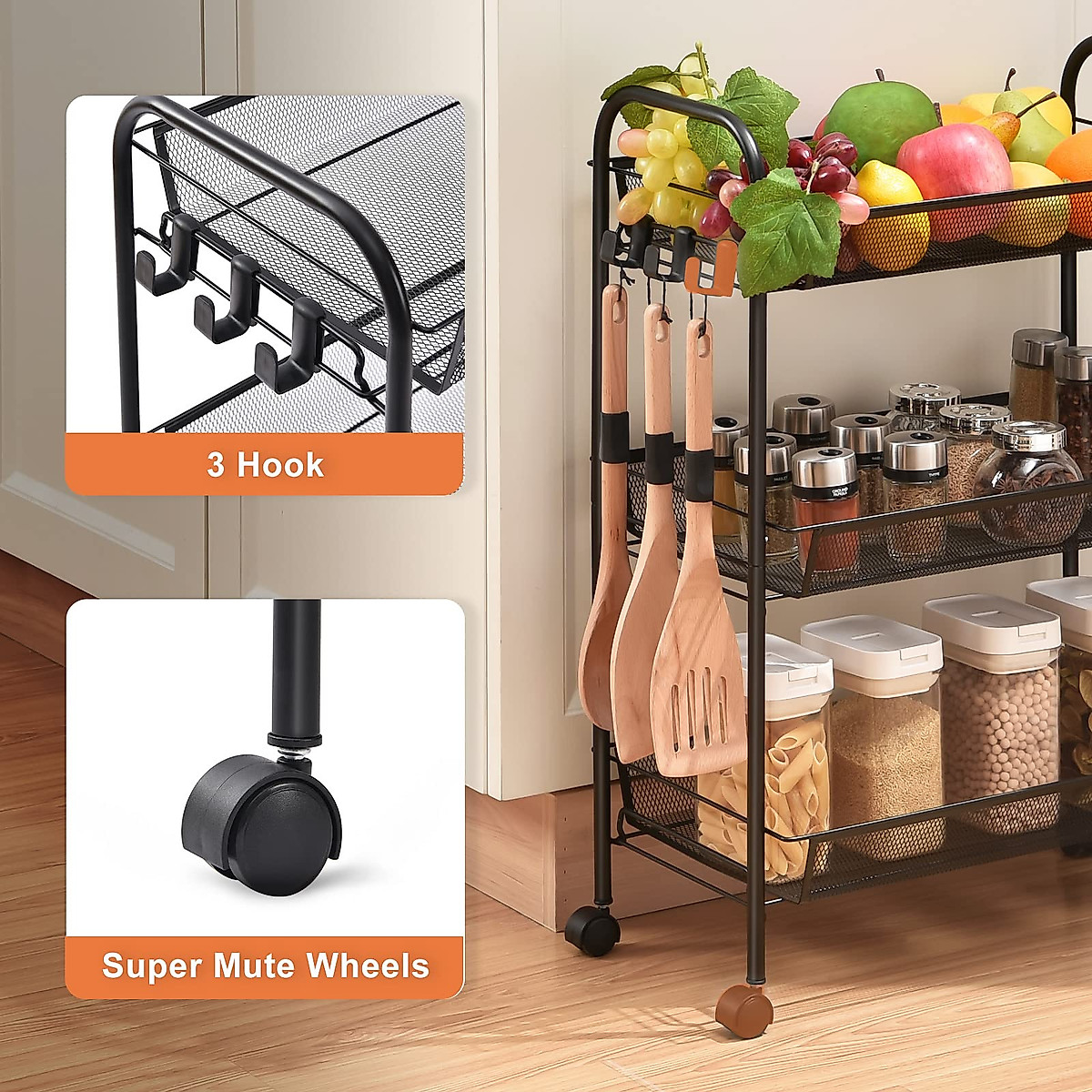 TOOLF 3-Tier Metal Rolling Cart, Mesh Wire Easy Assemble Utility Cart, Storage Trolley on Wheels with 3 Hooks, MetalStorage Shelving Units for Kitchen Bathroom Laundry Room