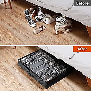 6 Pieces Under Bed Shoe Storage Organizer Underbed Shoe Organizer Foldable Fabric Shoes Container Box with Clear Cover See Through Window Zipper and 2 Handles for Kid Adult, Each Fits 12 Pairs of Shoe