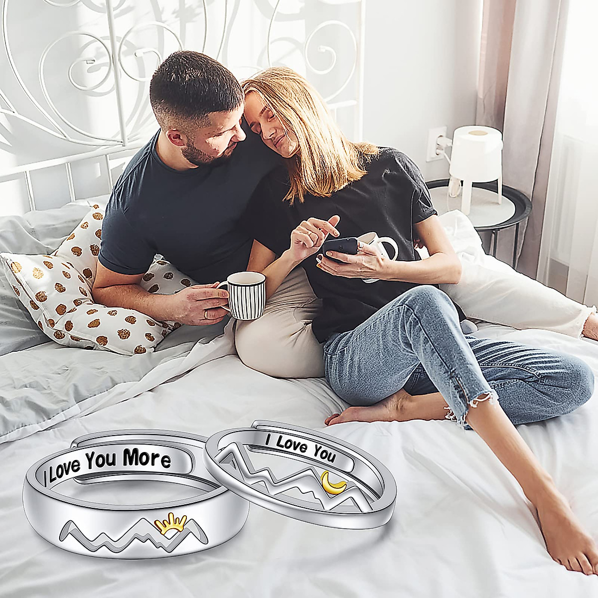 JZMSJF 2Pcs Sterling Silver Mountain Sun Moon Matching Couple Rings Set Adjustable His and Hers Promise Rings for Couples Men Women Wedding Engagement Bands