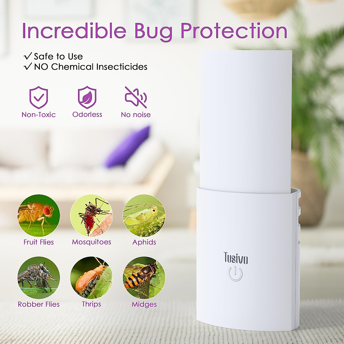 Tusivo Fruit Fly Trap for Indoors, Gnat Traps for House Indoor, Flying Insect Trap Plug in Bug Light for Fruit Flies, Mosquito, Flies, Moths Gnats Killer (1 Plug in Device + 5pcs Refills)