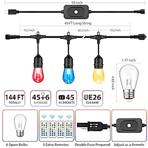 Mlambert 144Ft(3x48ft) Multicolor Outdoor Patio Lights, Dimmable RGB Cafe String Lights with 45+6 Waterproof LED Bulbs for Garden Bistro-Black 3 Pack