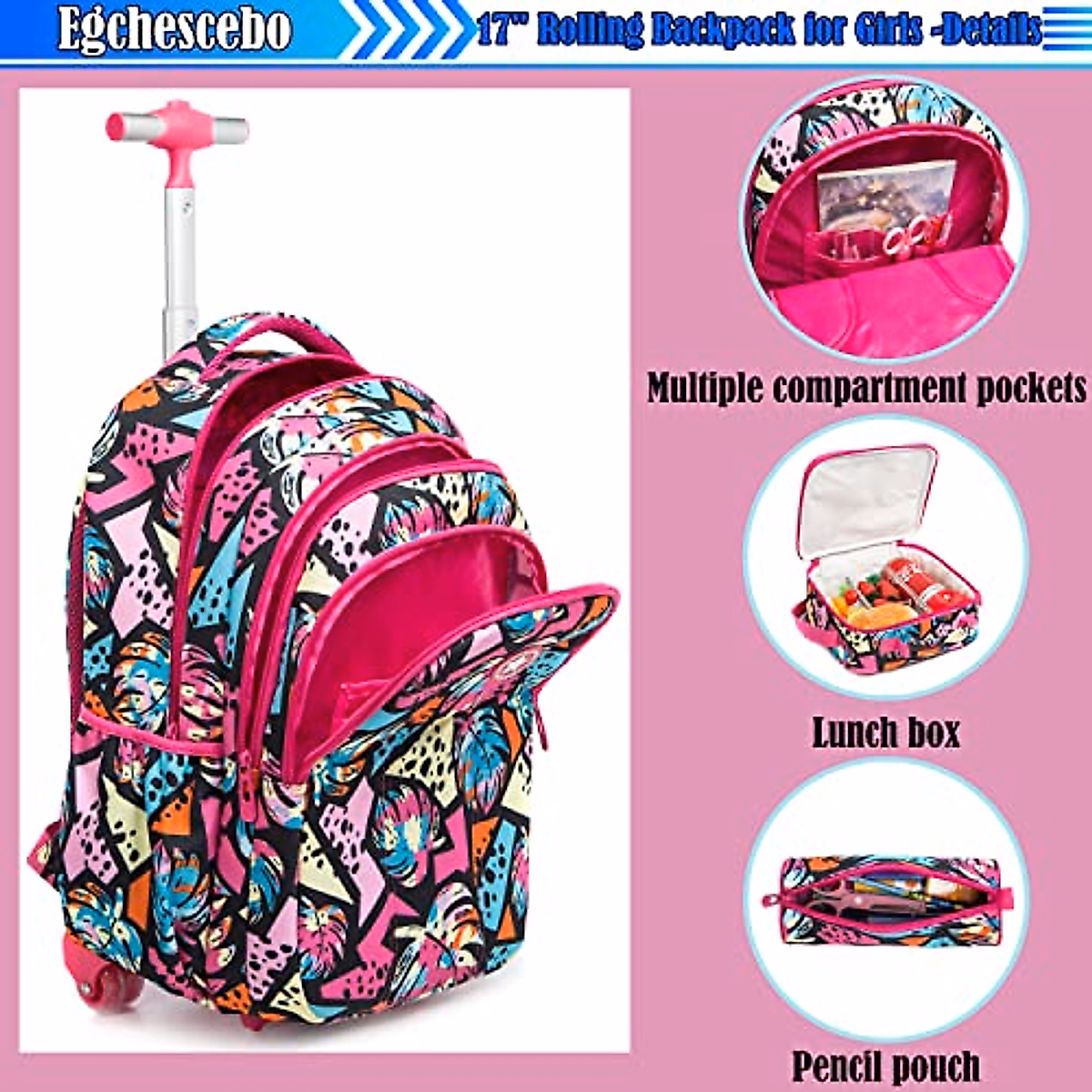 Egchescebo Girls Rolling Backpacks with Wheels 3PCS Feather Backpack Set for School Wheeled Luggage Suitcase Lunch Box Pencil Case Large Capacity Bookbag Adjustable Trolley for Elementary Travel Red