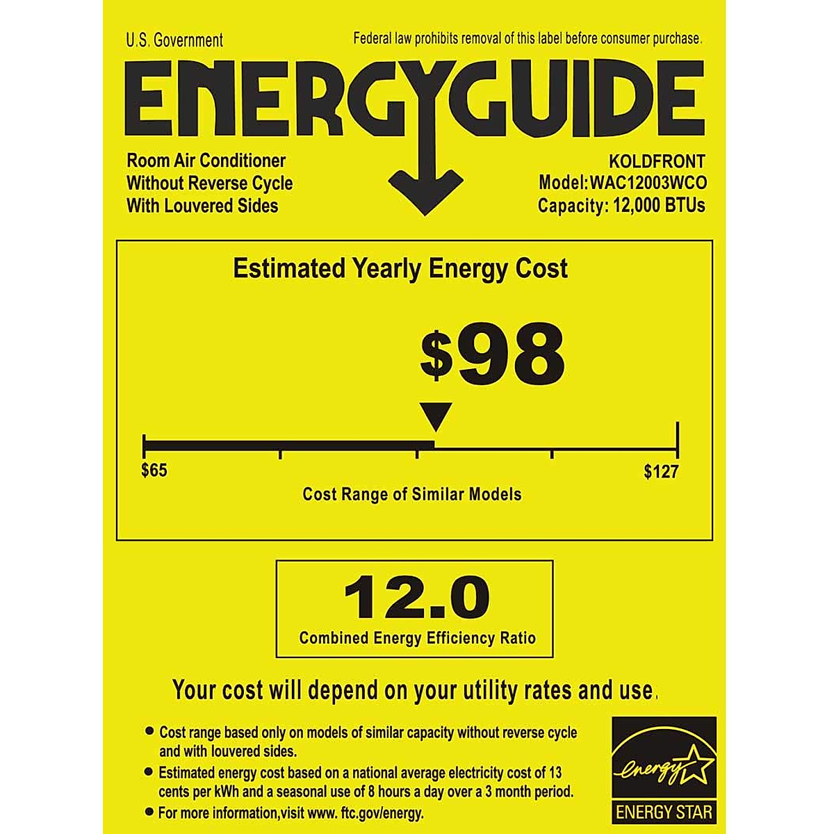 Koldfront WAC12003WCO 12000 BTU 115V Window Air Conditioner with Dehumidifier and Remote Control